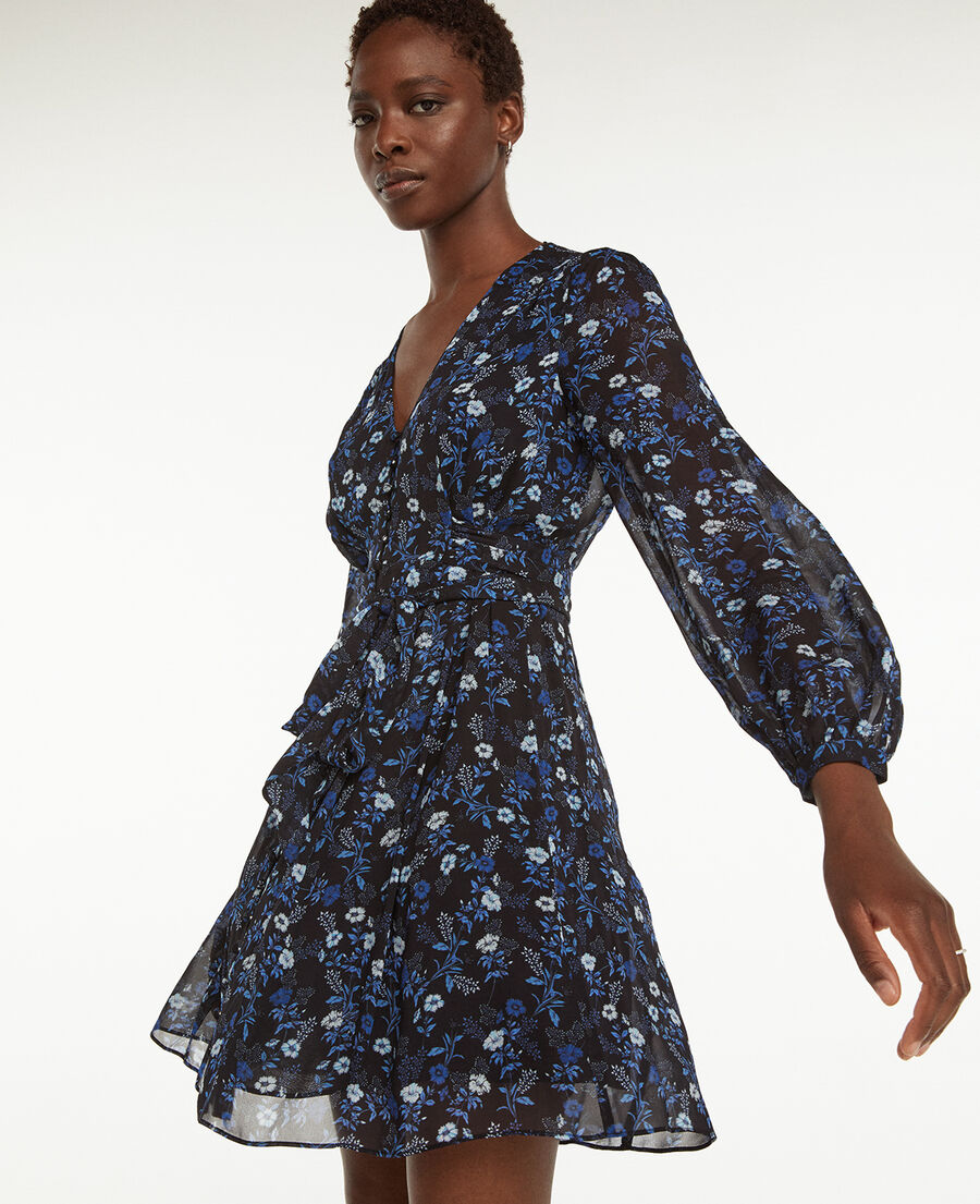Short blue dress with floral print | The Kooples - US