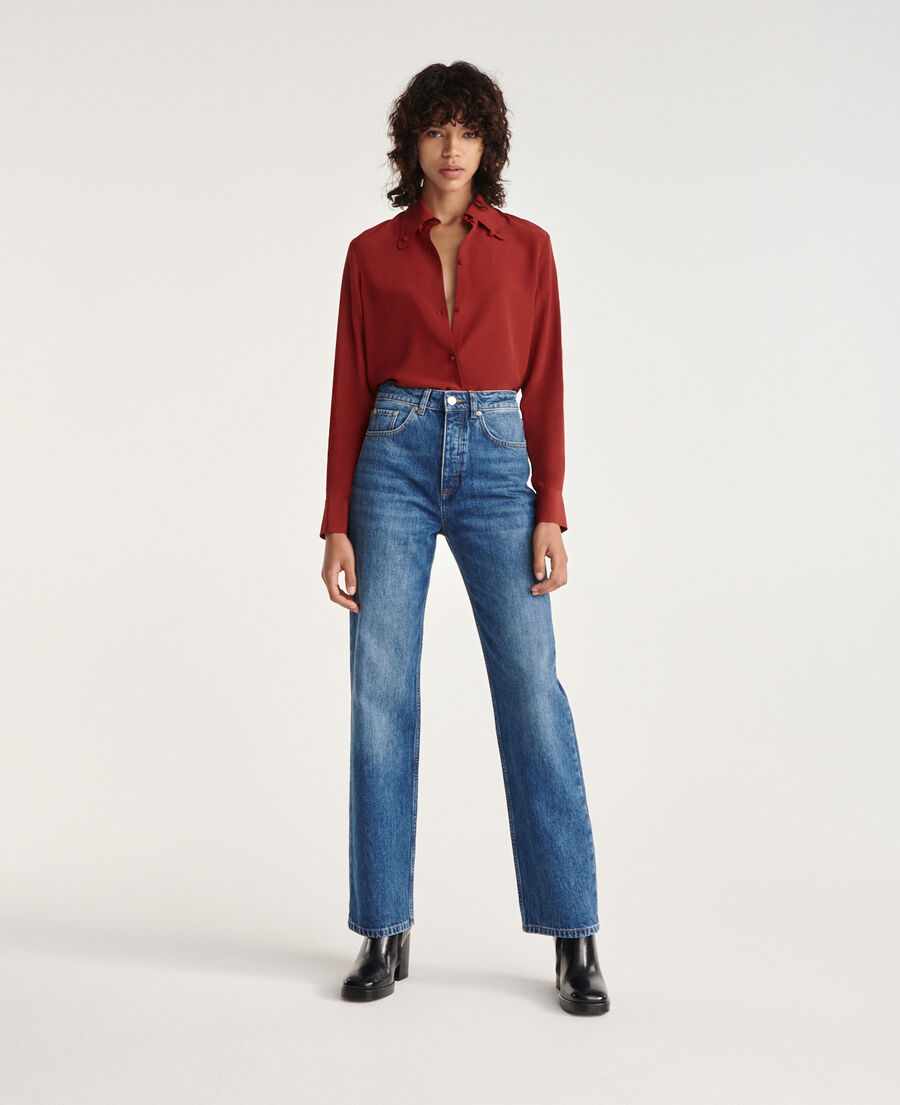 Burgundy silk shirt with buttoned collar | The Kooples