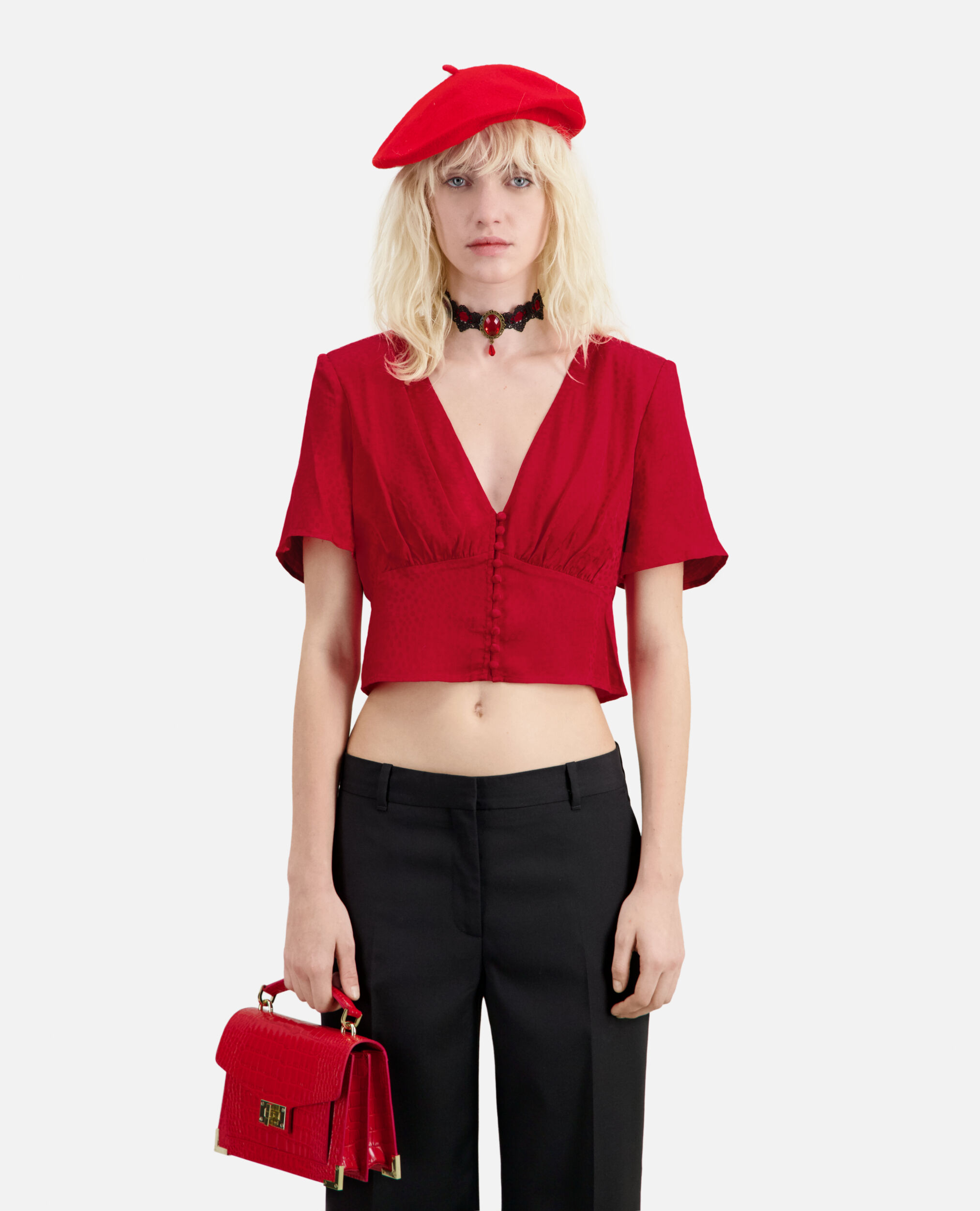 Short red top with jacquard polka dots| The Kooples
