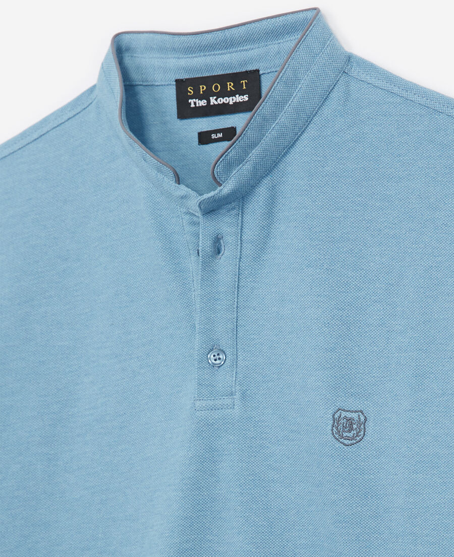 Sky blue polo shirt with stand-up collar and blue piping