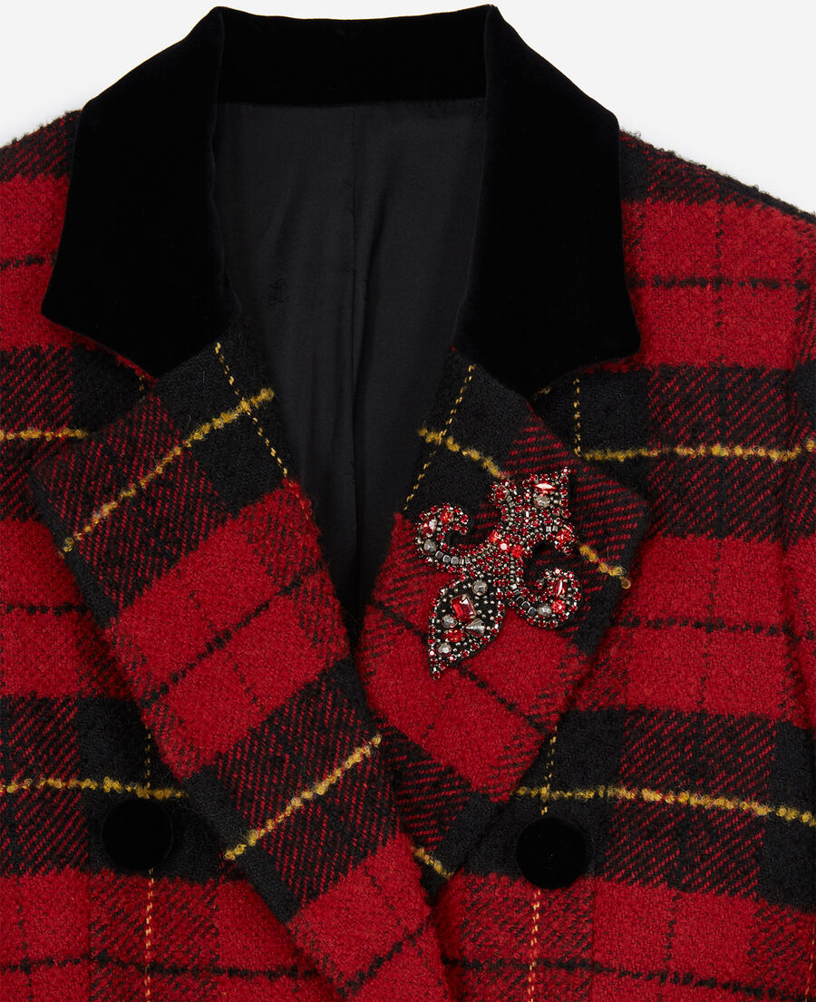 Red check wool coat