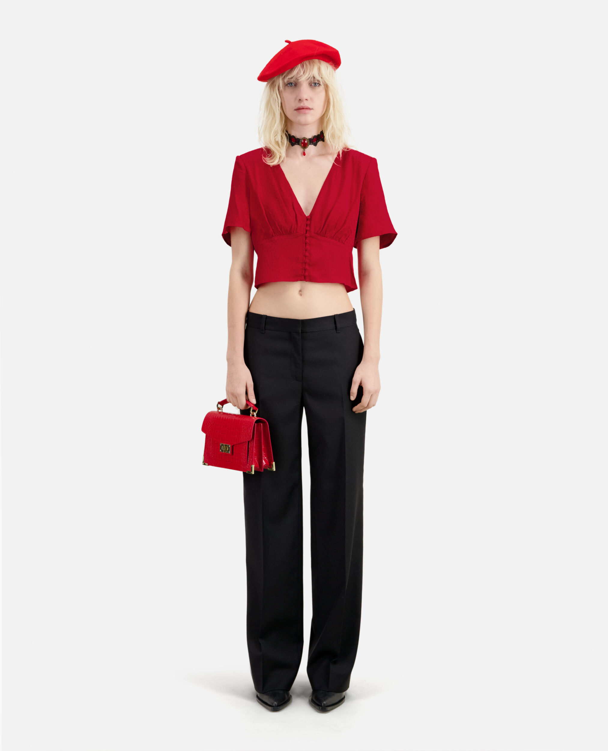 Short red top with jacquard polka dots | The Kooples - US