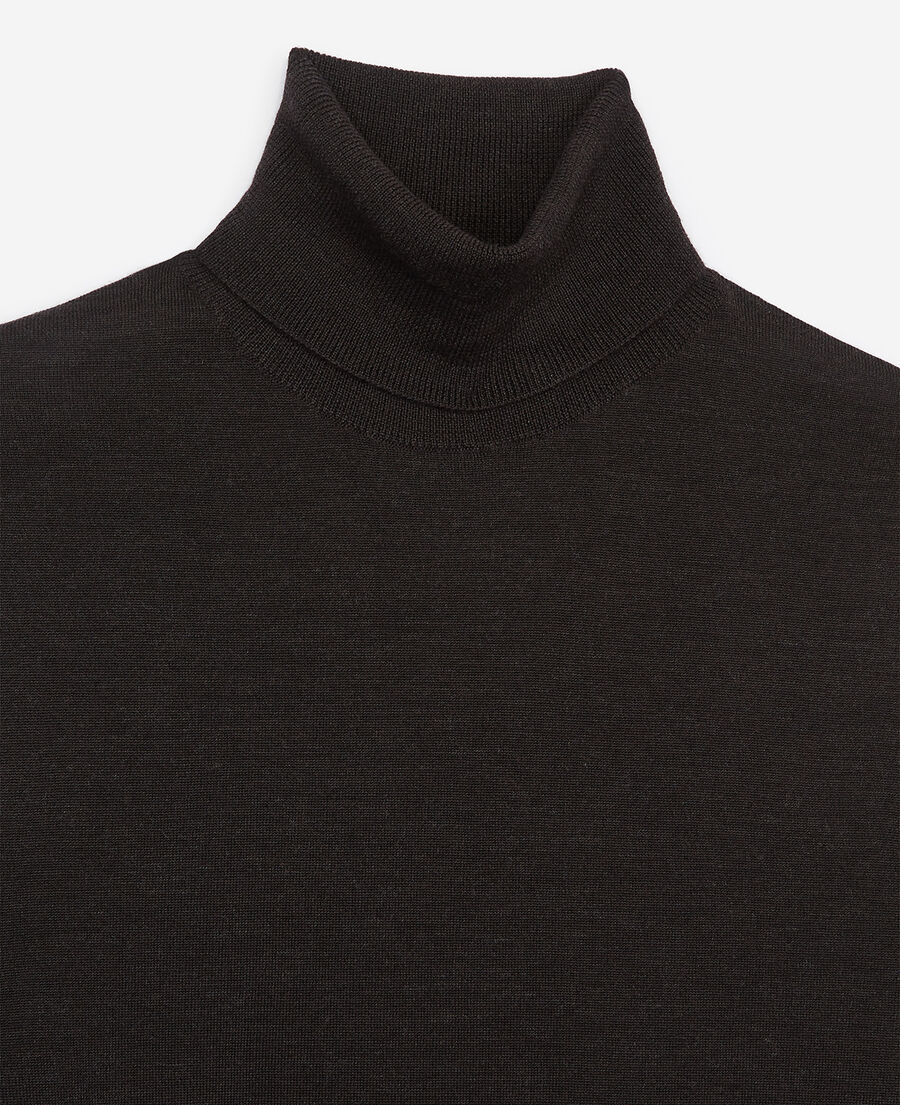 Leather detail brown roll-neck wool sweater