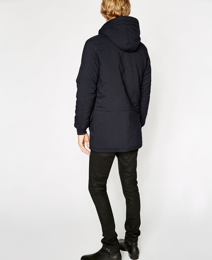 Navy blue mid-length parka