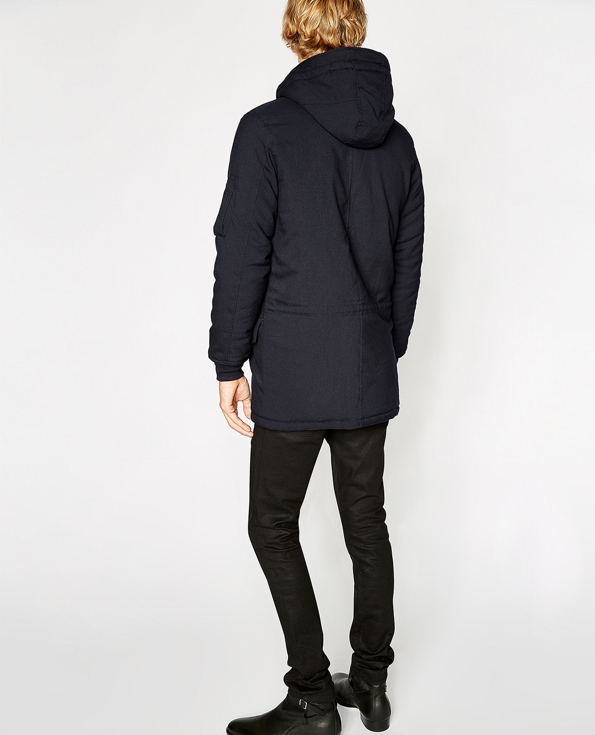 Navy blue mid-length parka