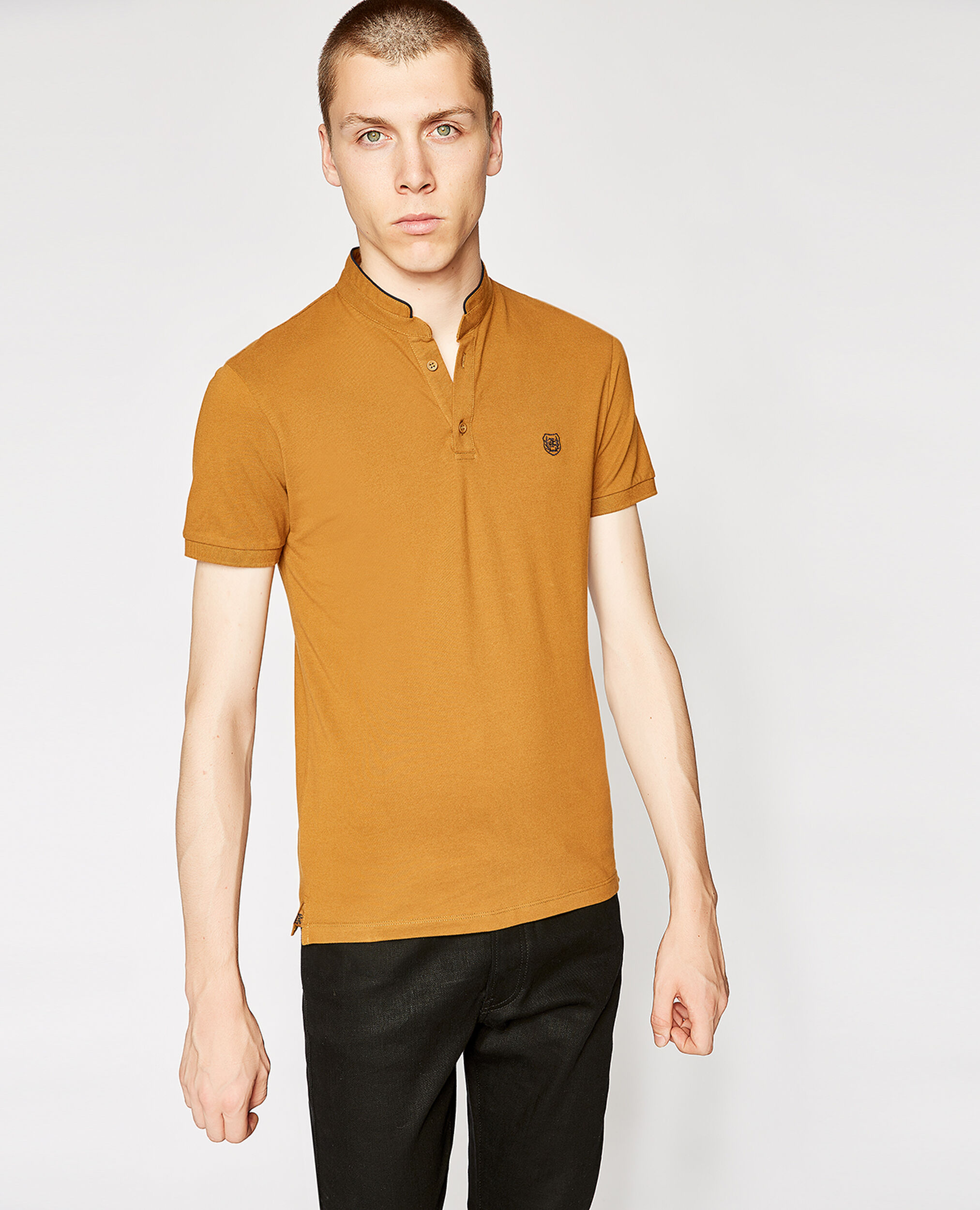 Mustard yellow cotton polo shirt with navy blue details