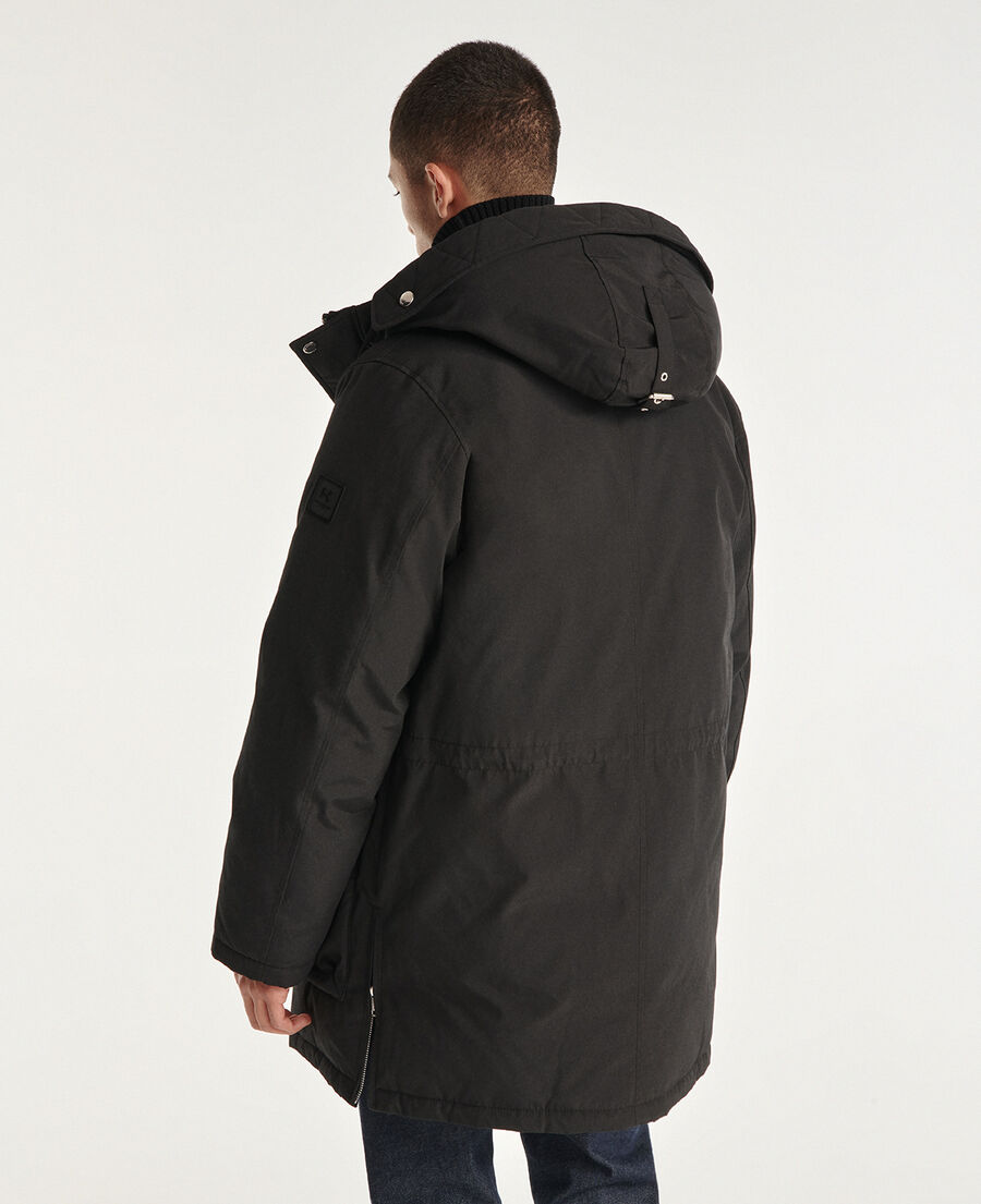 Hooded black parka and rubber logo pockets | The Kooples