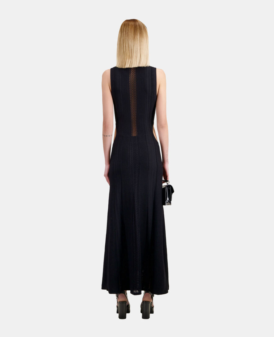 Long black openwork knit dress with openings| The Kooples