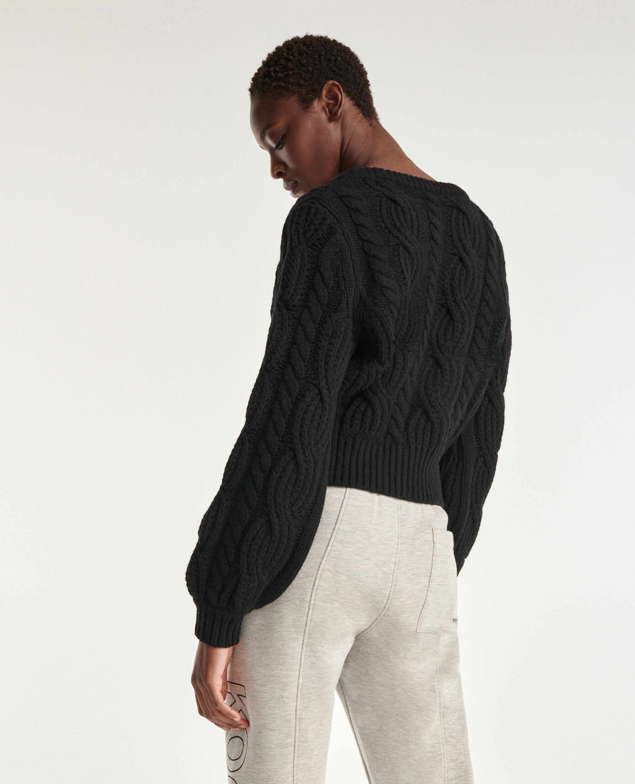 Cropped black wool cardigan with cable knit | The Kooples