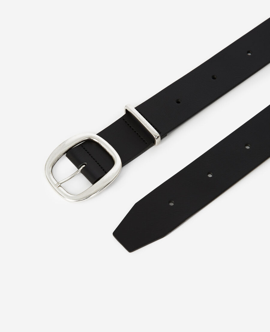 Black leather belt with round buckle