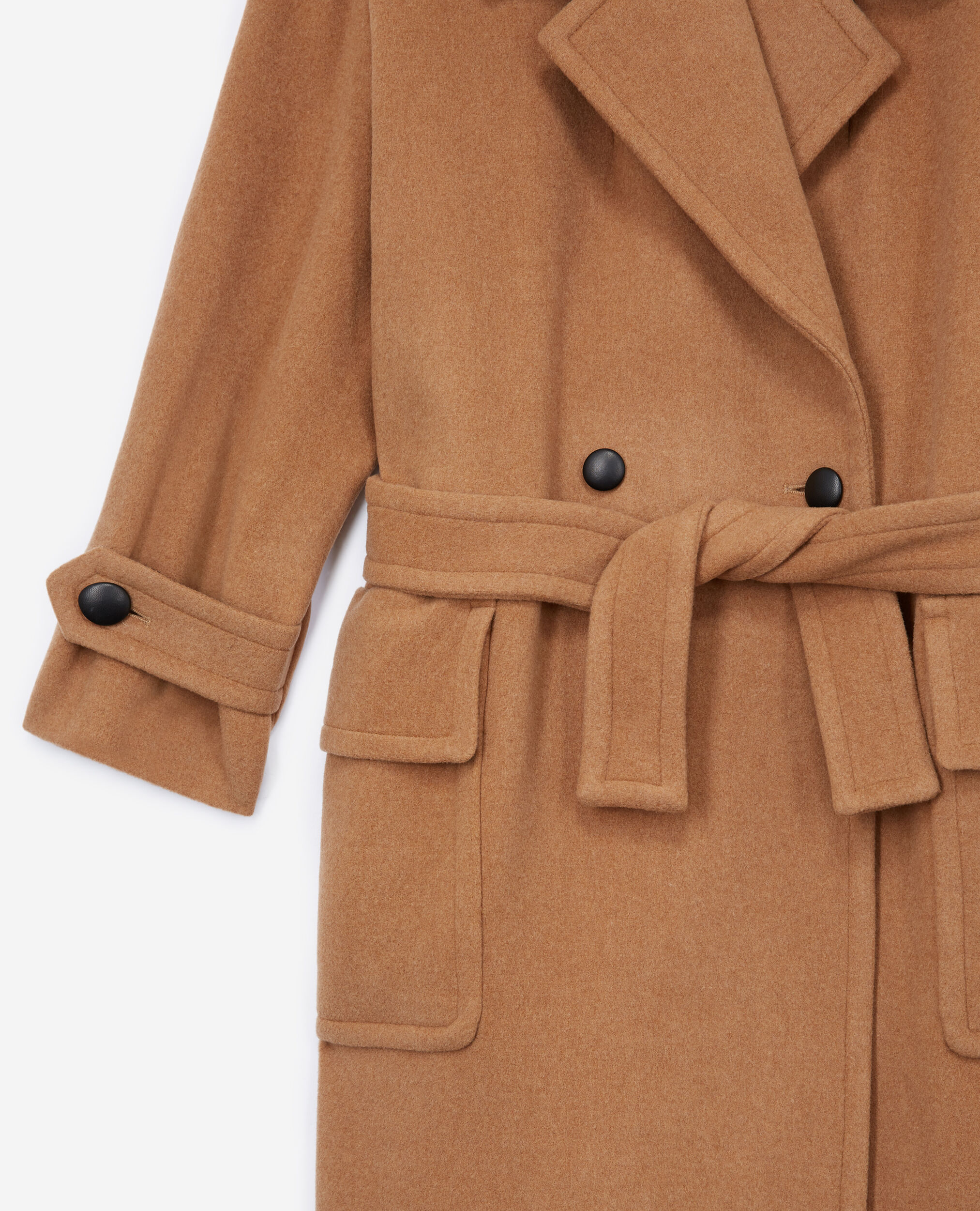 Roomy camel-colored wool coat with belt | The Kooples - US