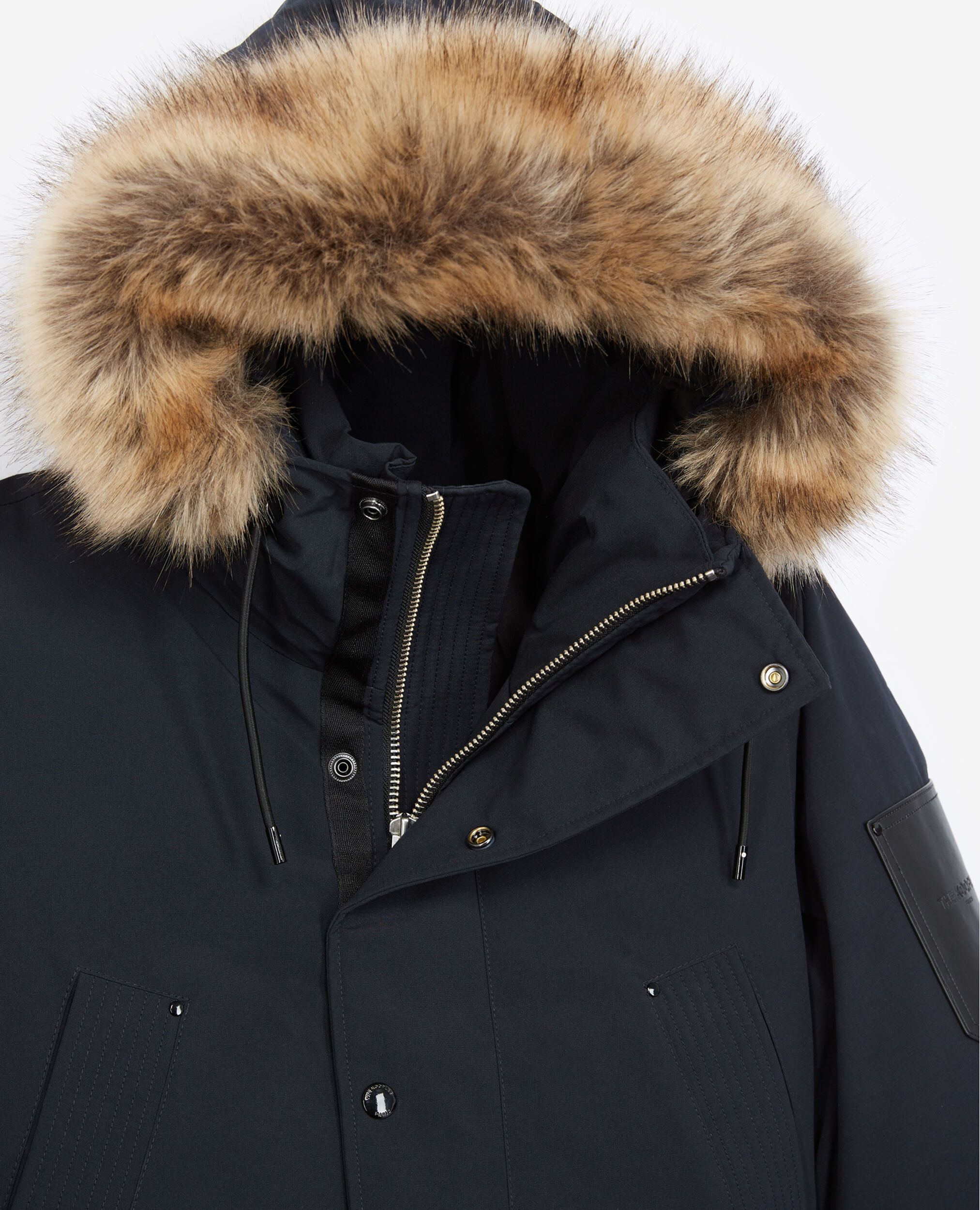 Long navy blue parka with leather detail | The Kooples