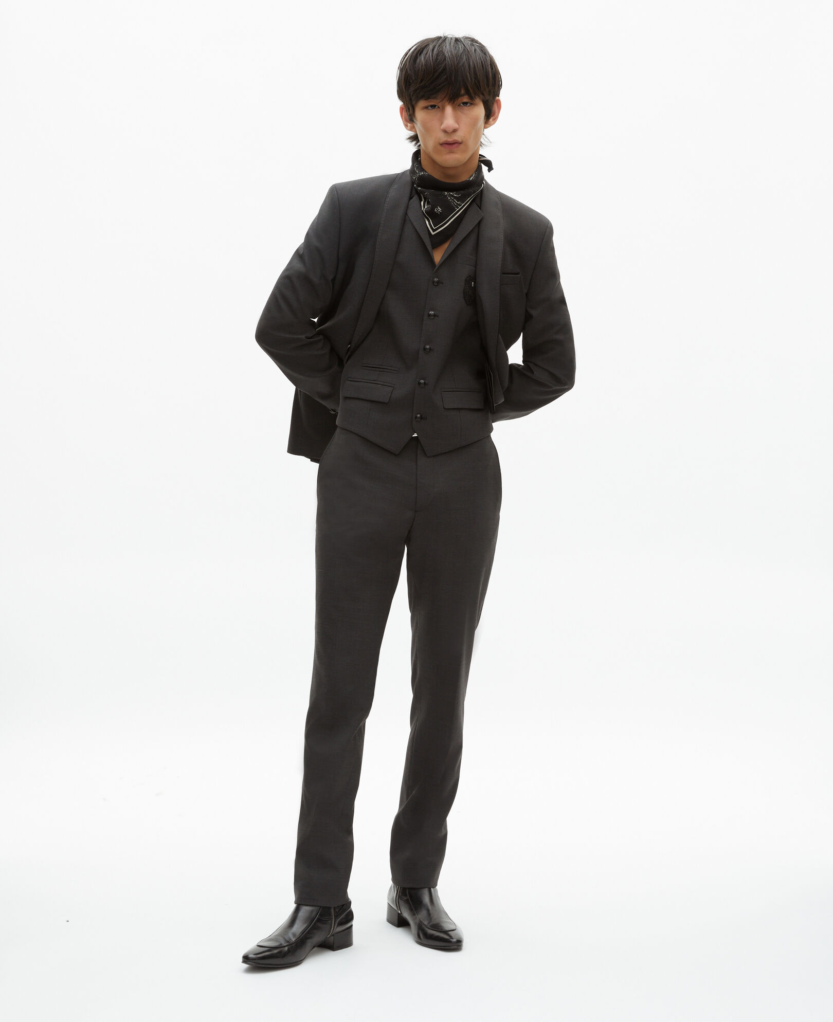 Black wool blend suit jacket with micro-check pattern| The Kooples