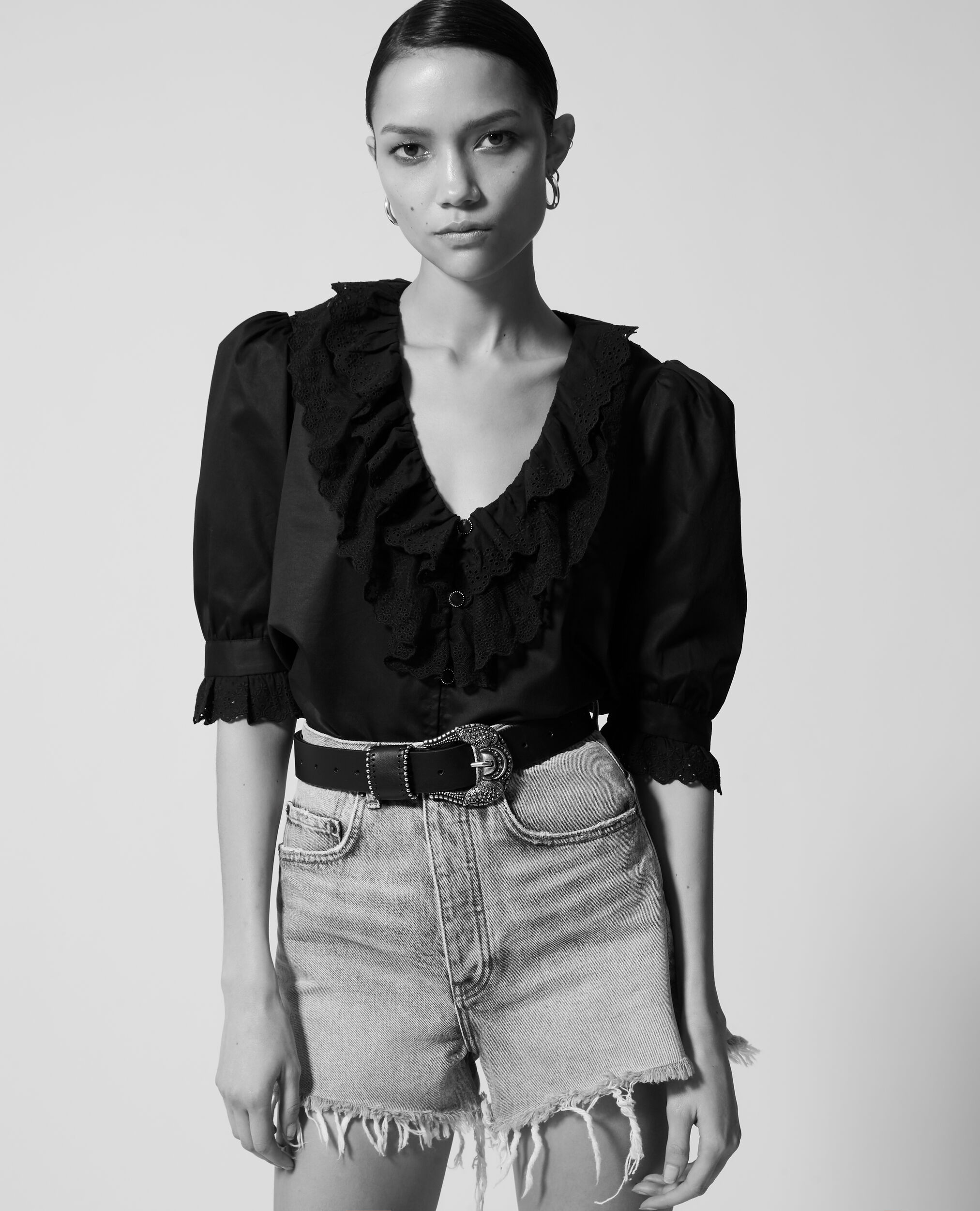 Buttoned black cotton shirt with frills | The Kooples