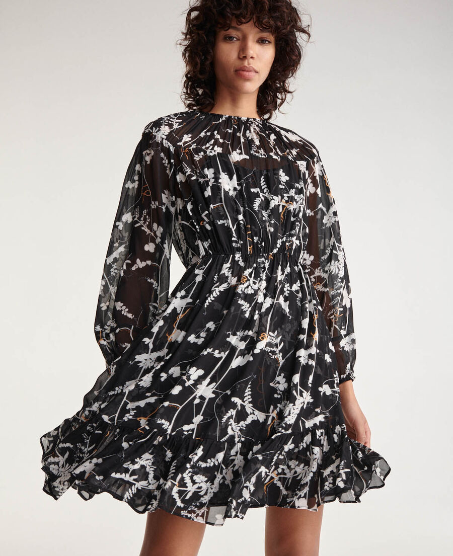 Black short floral print dress with gathers | The Kooples