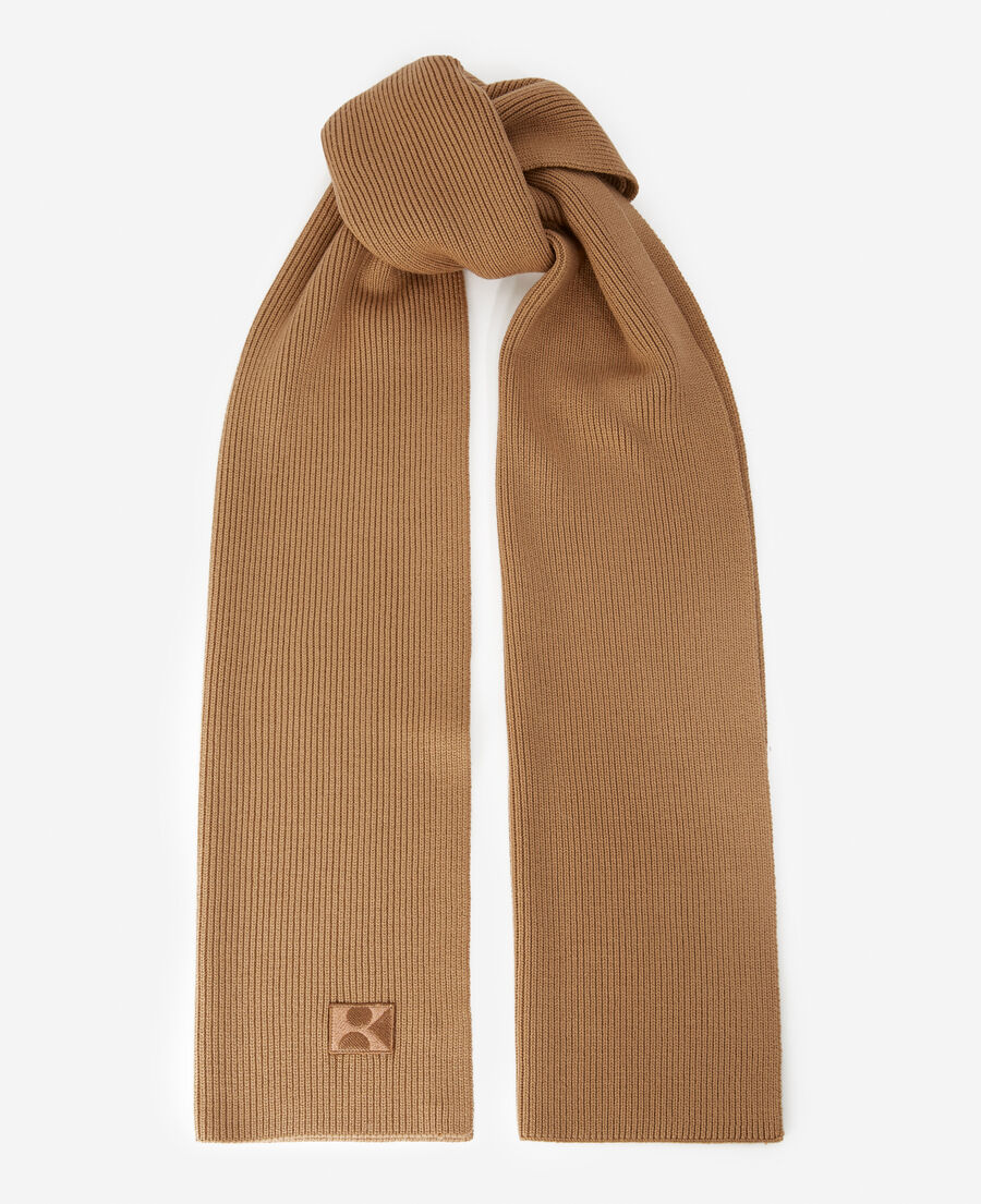 Camel ribbed wool scarf with monogram | The Kooples