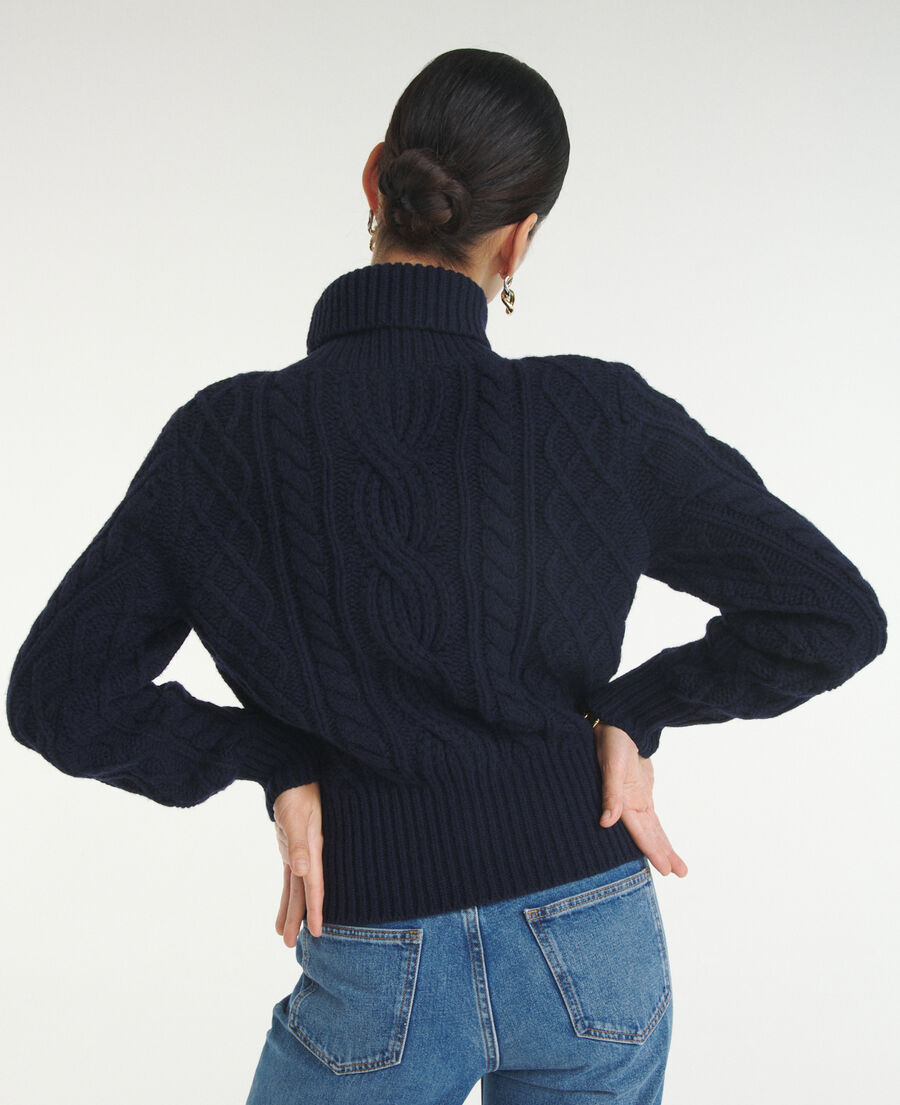 Pull laine à torsades marine col roulé | The Kooples