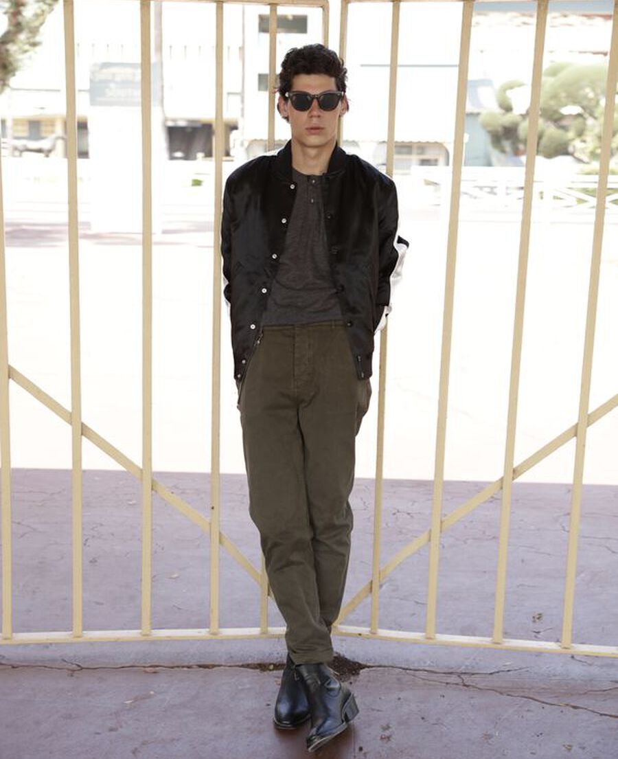 Black satin jacket with contrasting bands