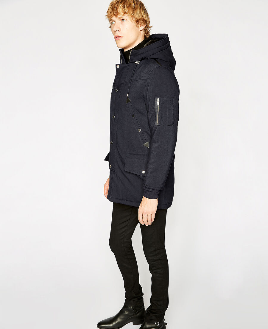 Navy blue mid-length parka
