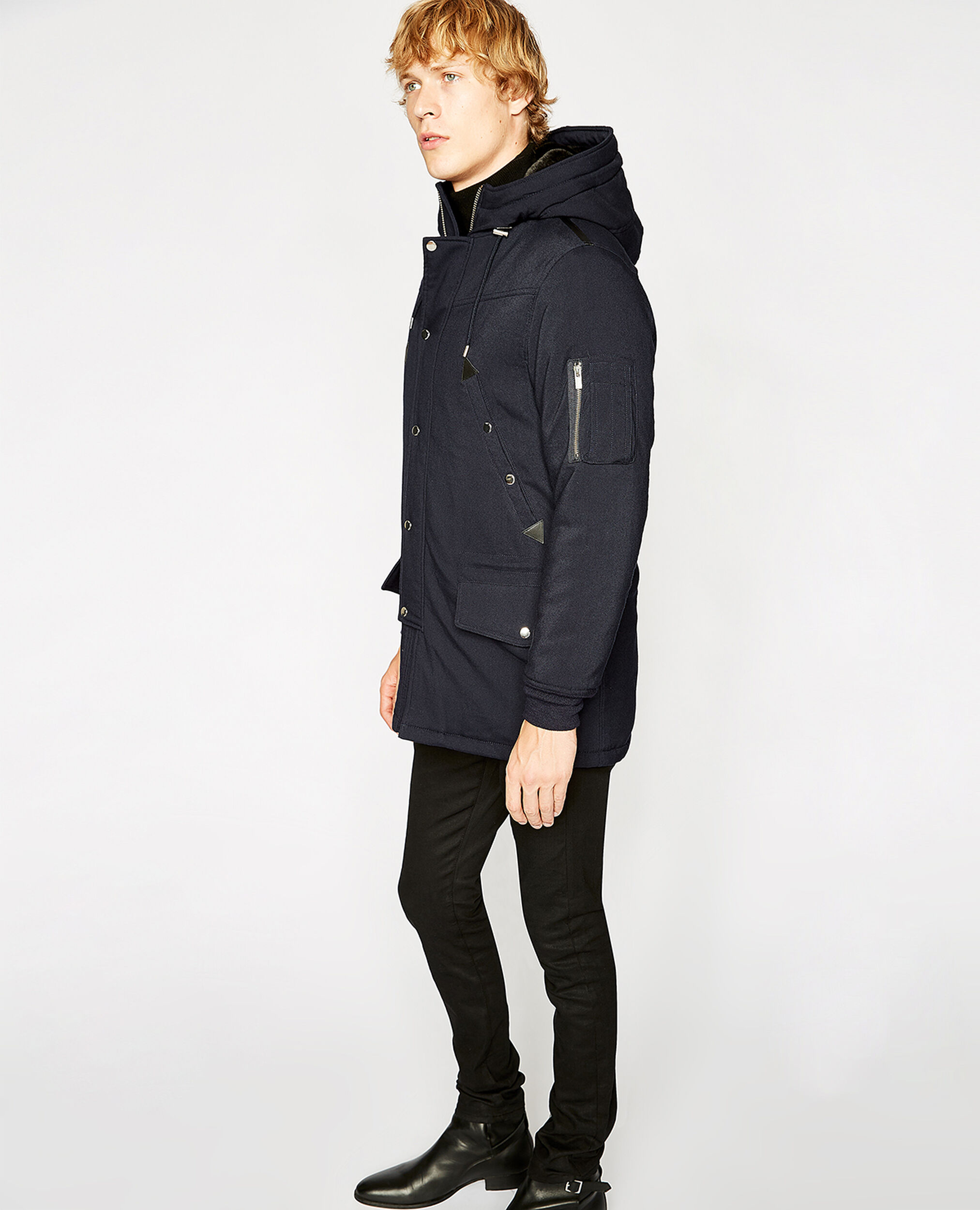 Navy blue mid-length parka