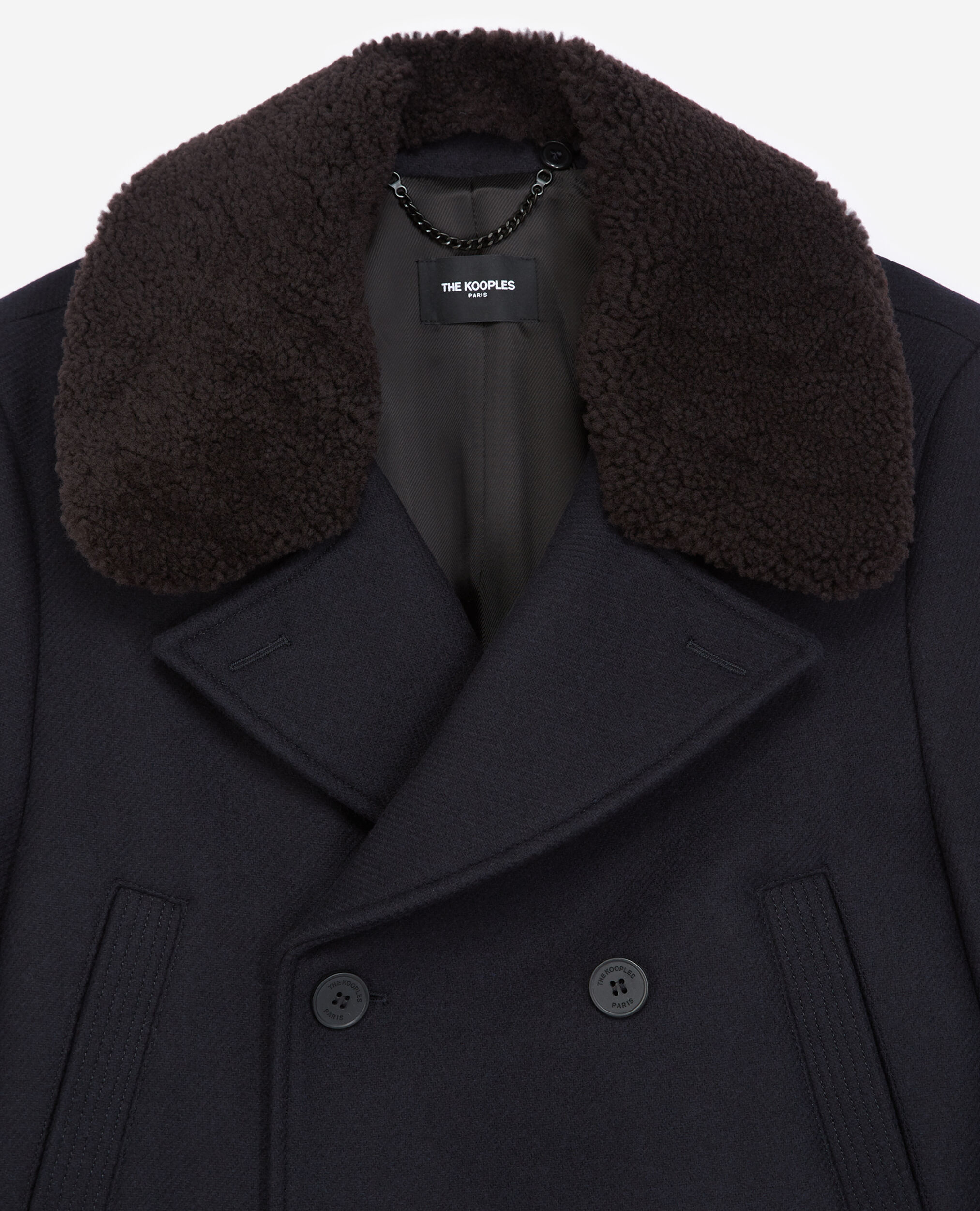 Navy blue coat in wool with sheepskin collar | The Kooples - UK
