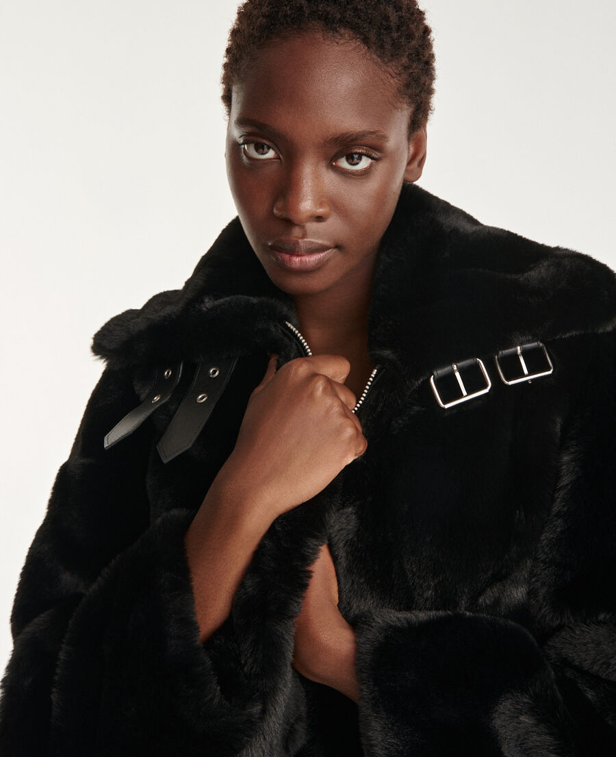 Black leather and faux fur coat | The Kooples - US
