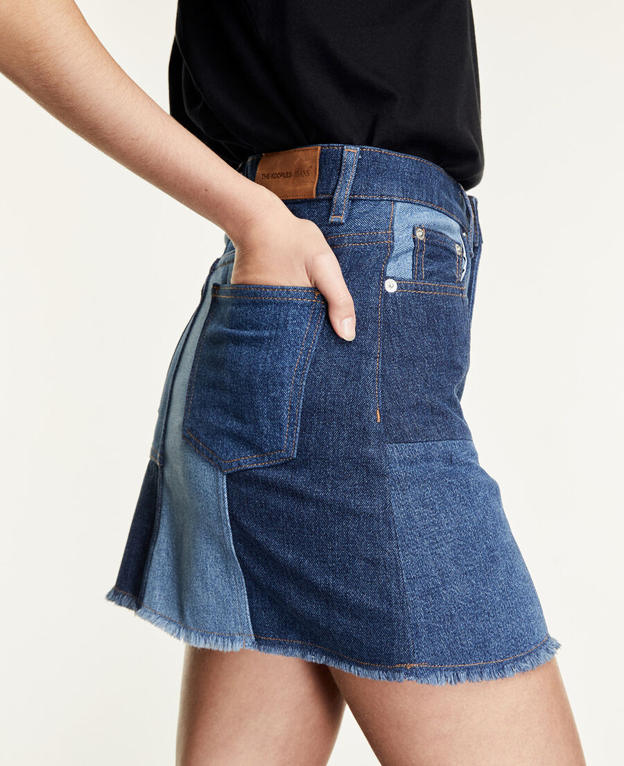 Short blue skirt in denim with patchwork | The Kooples