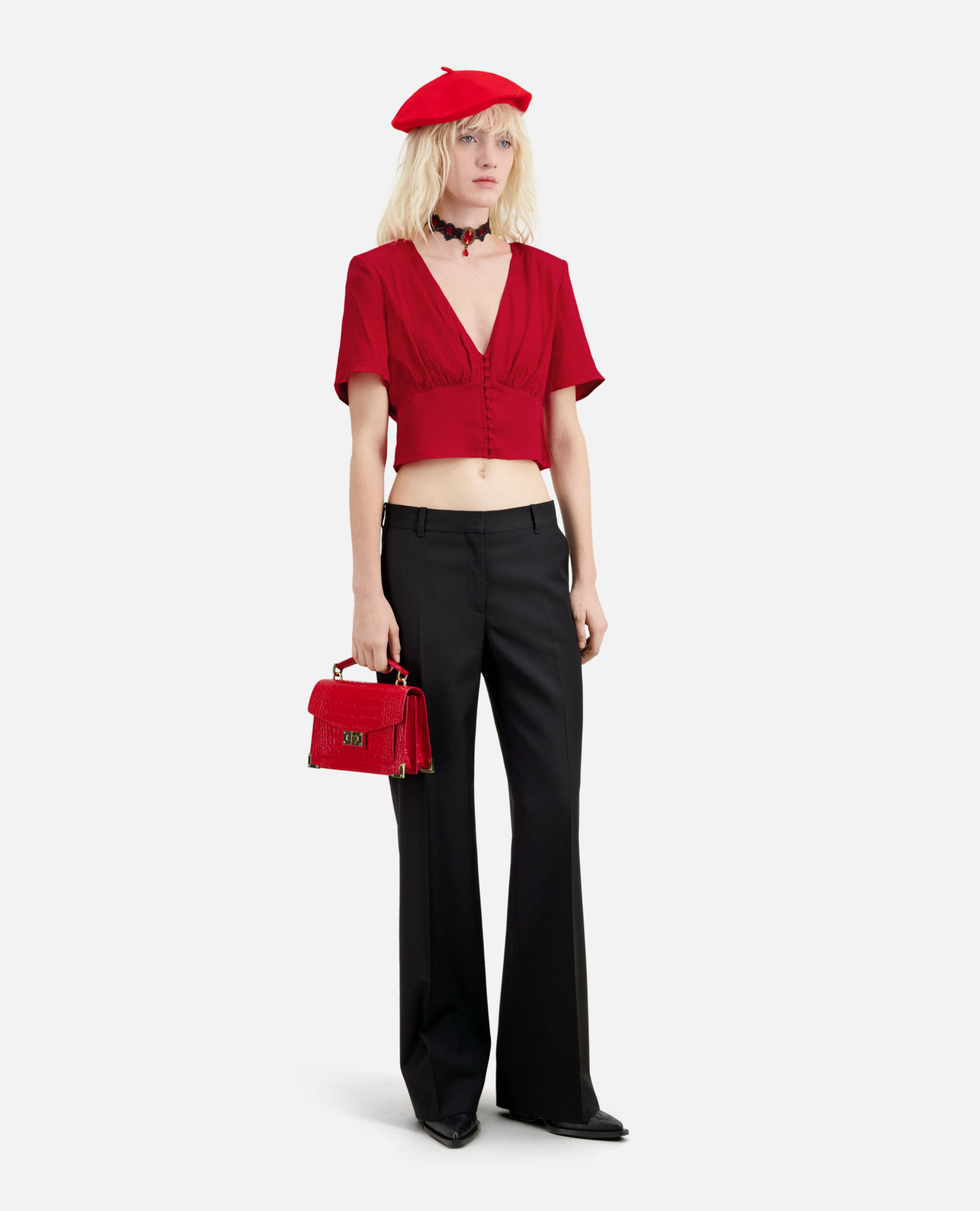 Short red top with jacquard polka dots | The Kooples - US