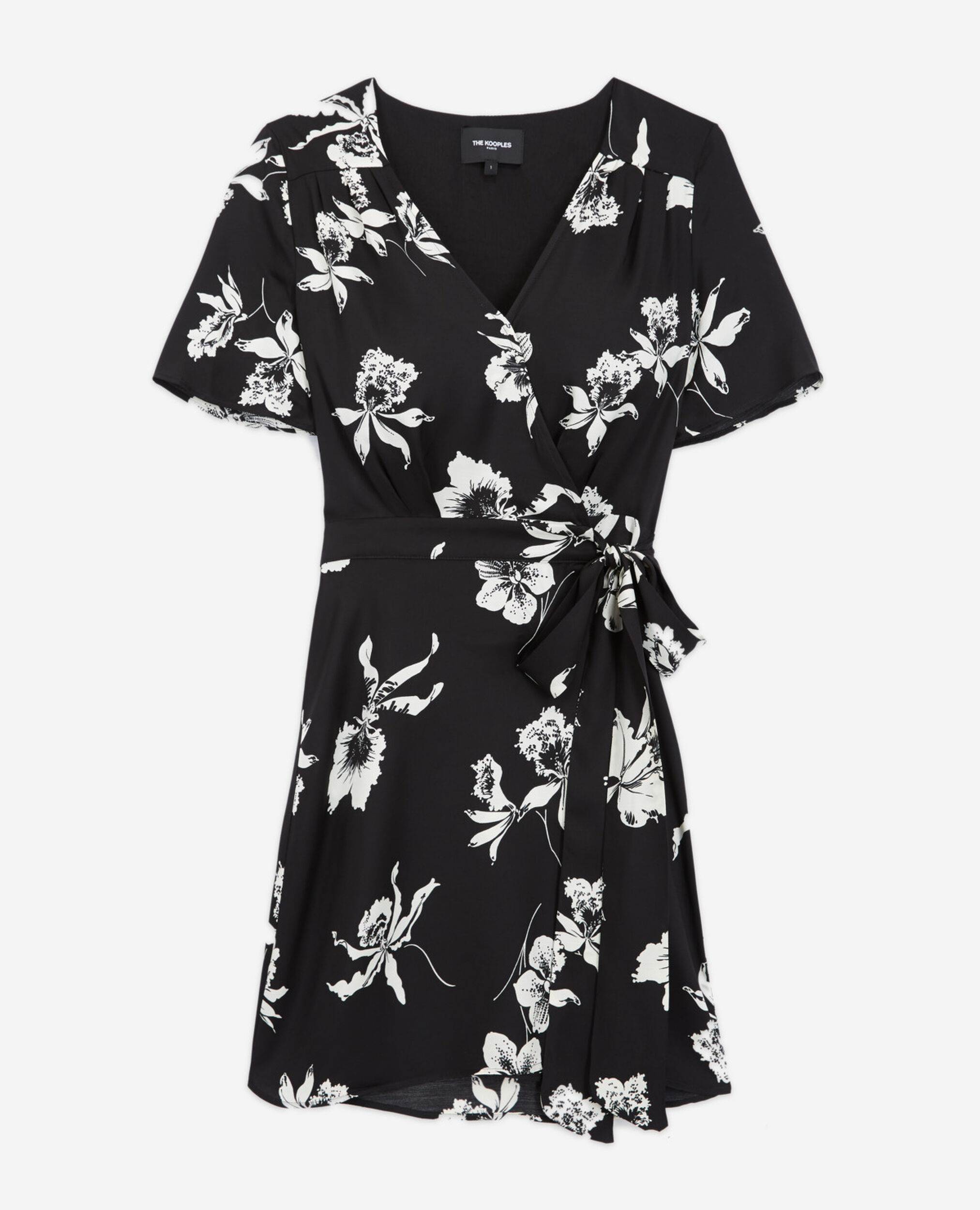 V-neck short black dress with floral print | The Kooples