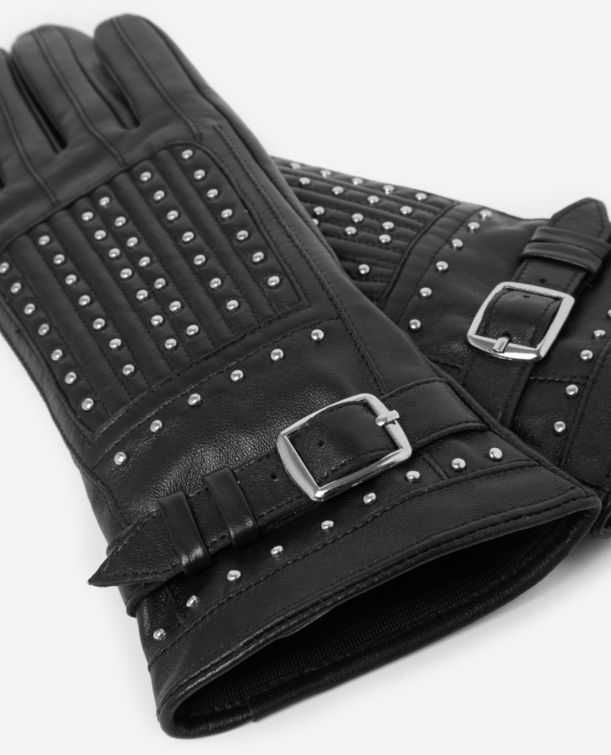 Black leather buckle gloves with studs