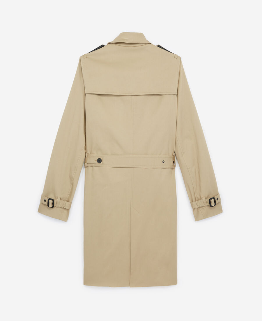 Long beige trench coat leather details | The Kooples Men