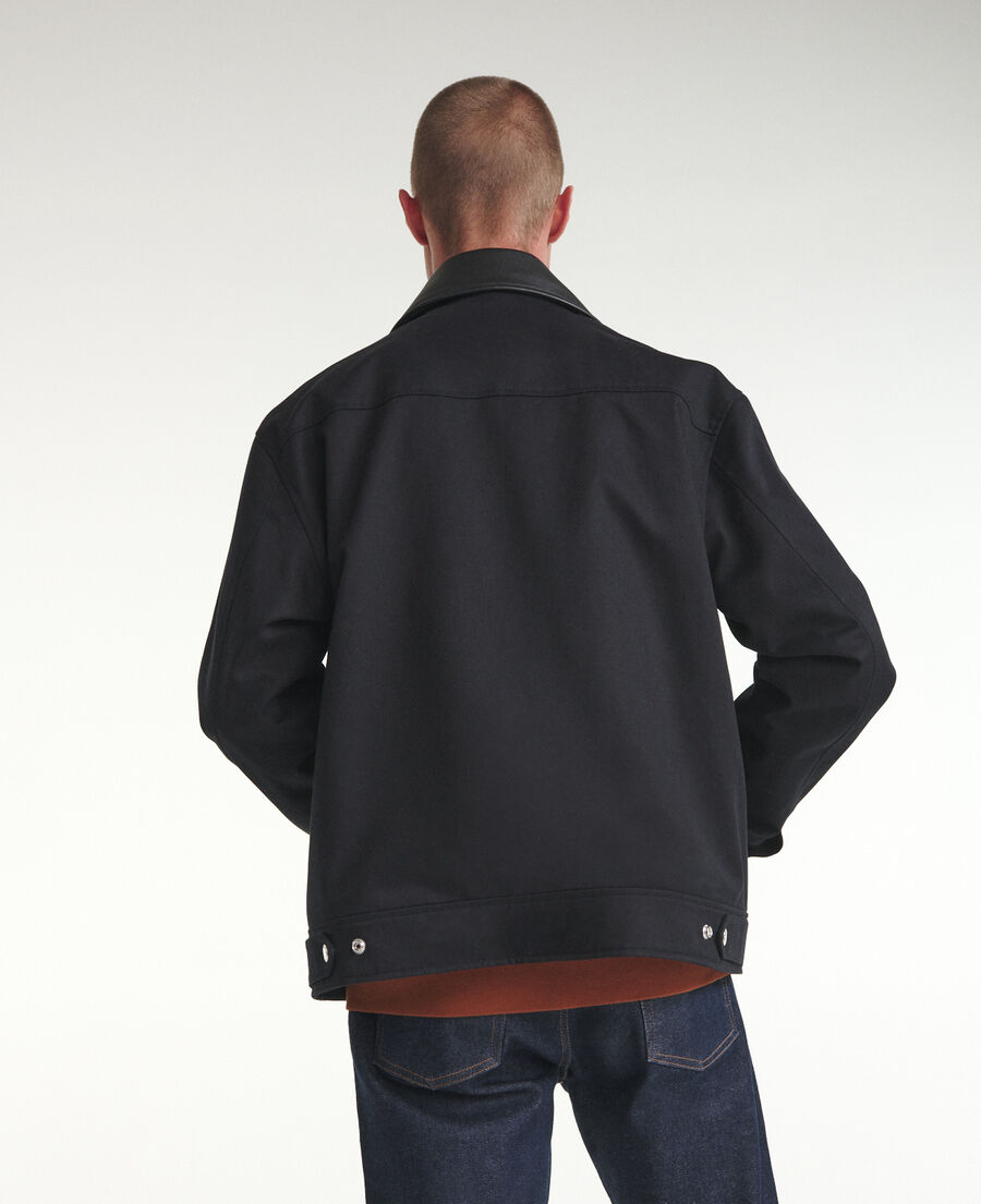 Technical navy blue jacket w/leather collar | The Kooples