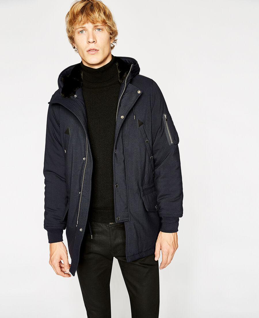 Navy blue mid-length parka