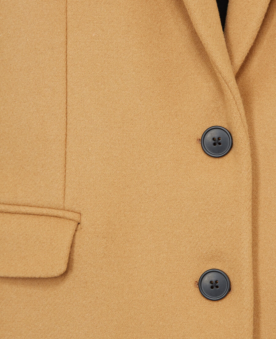 Fitted camel wool coat with leather detail | The Kooples