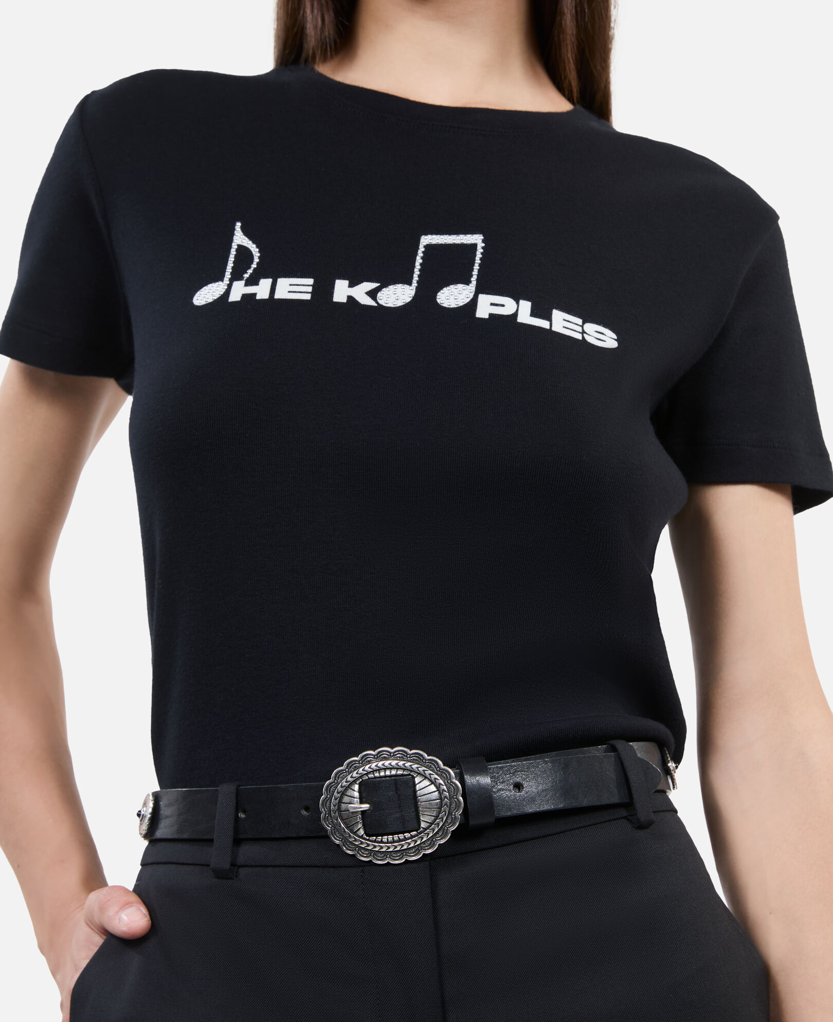 Women's Thin black leather belt with rivets | The Kooples US