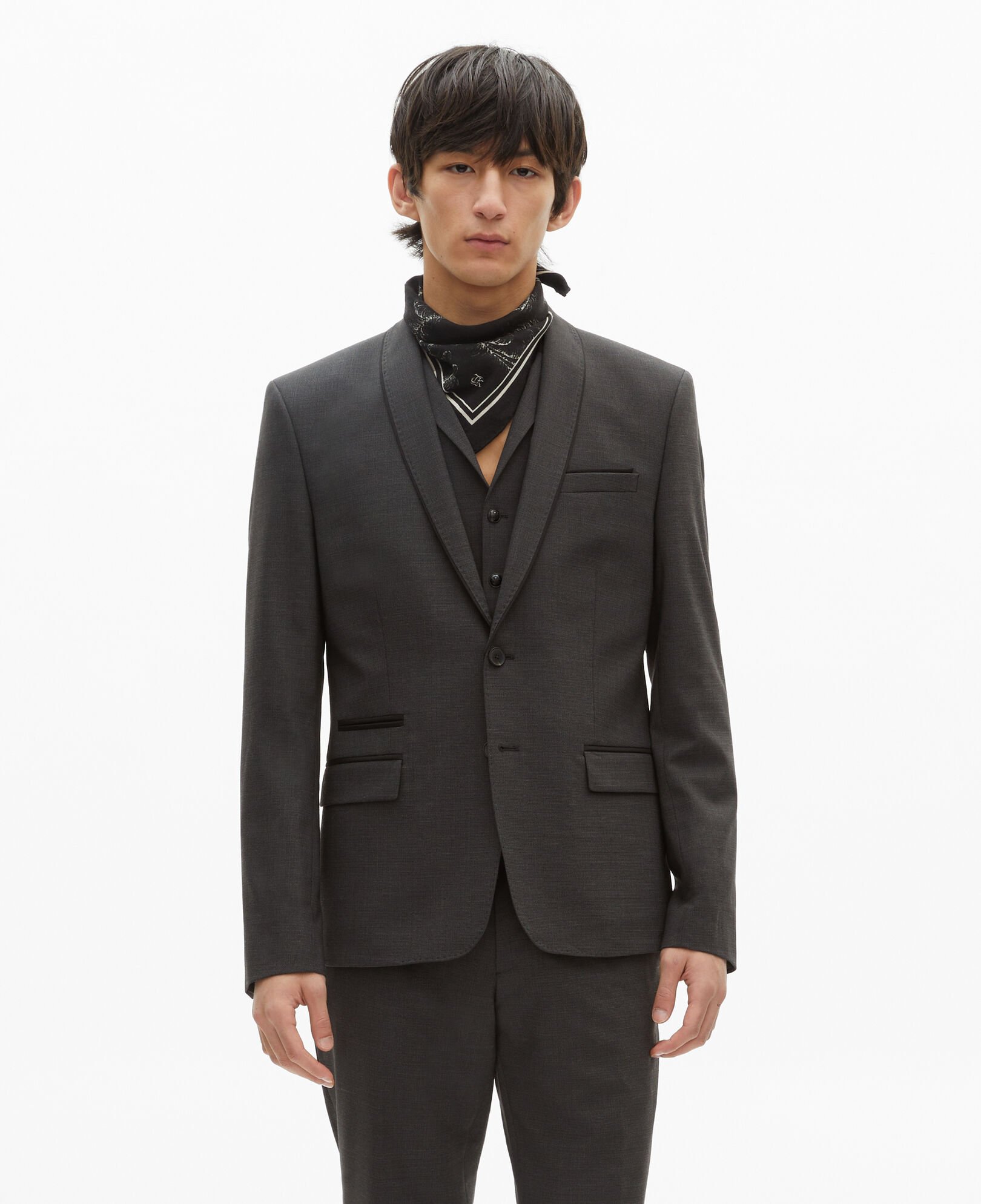 Black wool blend suit jacket with micro-check pattern| The Kooples