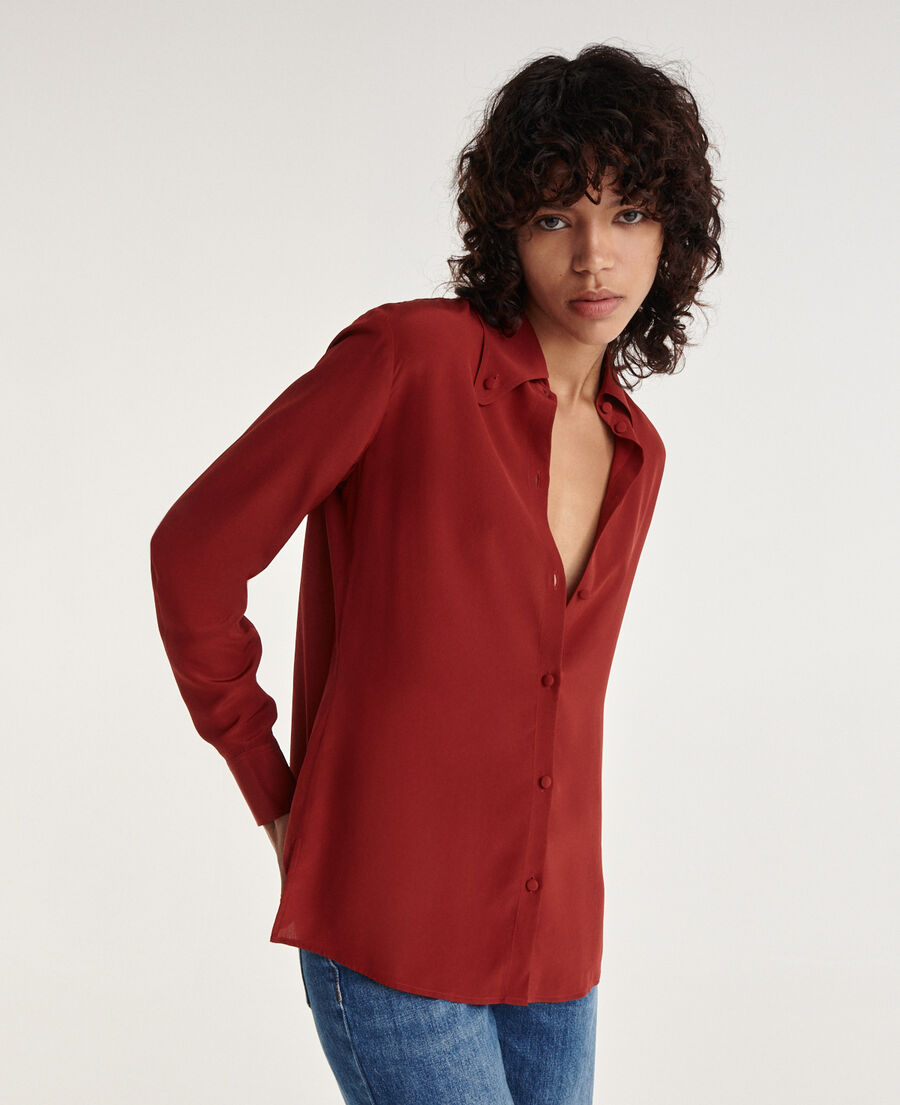 Burgundy silk shirt with buttoned collar | The Kooples