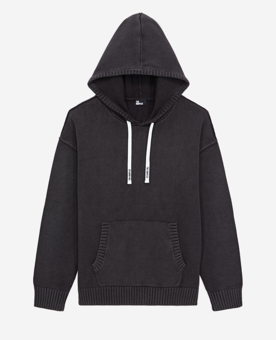 Pull noir à capuche en coton et laine | The Kooples