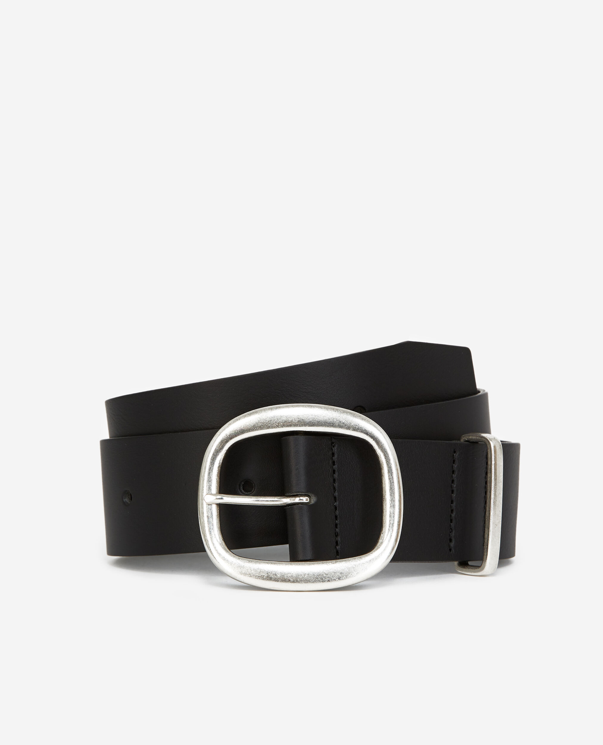 Black leather belt with round buckle